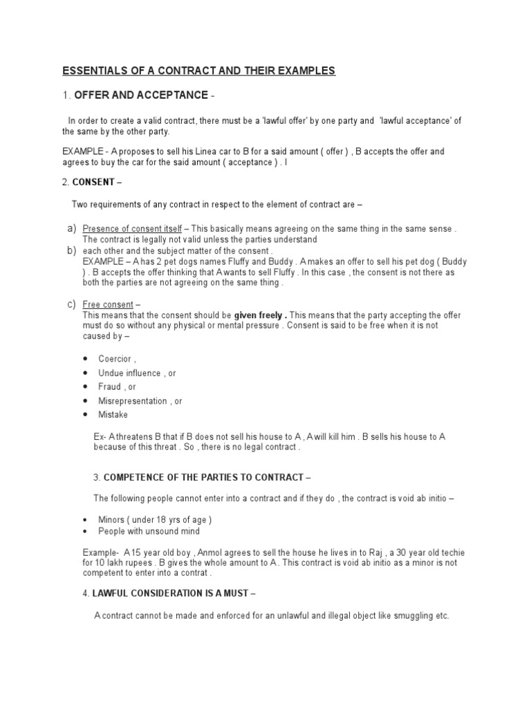 Essentials of A Contract and Their Examples | PDF | Government | Common Law