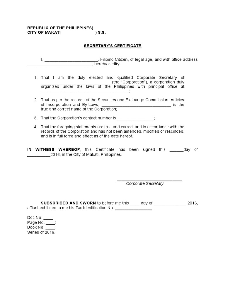 Sec. Cert. Sample Certification of Existing Corporation | PDF ...
