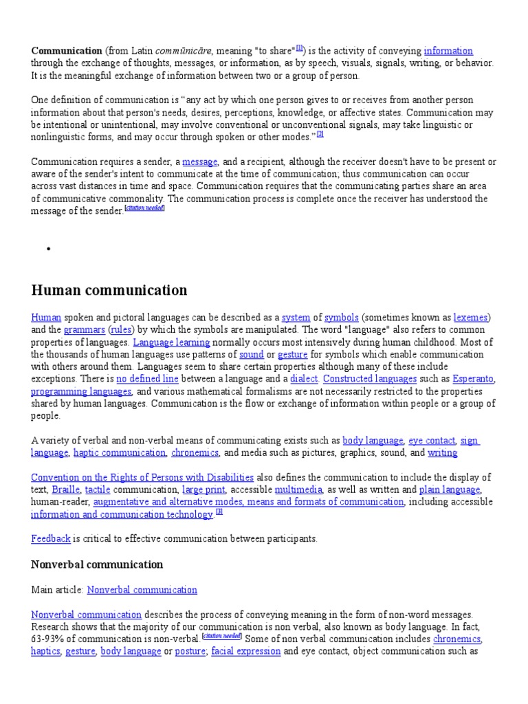 Human Communication: Communication (From Latin Commūnicāre, Meaning "To ...
