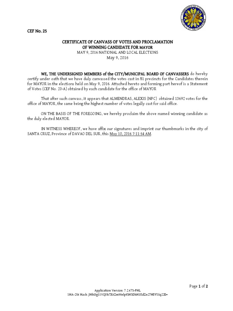 CEF No. 25 Certificate of Canvass of Votes and Proclamation of Winning ...