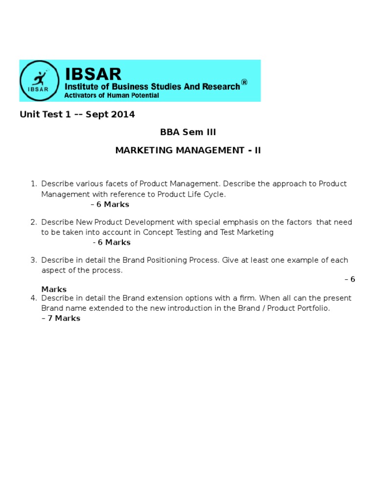 Unit Test 1 - Sept 2014 Bba Sem Iii Marketing Management - Ii | PDF ...