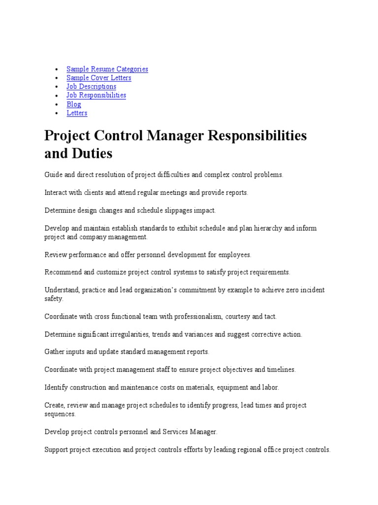 Project Control Manager Responsibilities and Duties | PDF | Engineer ...