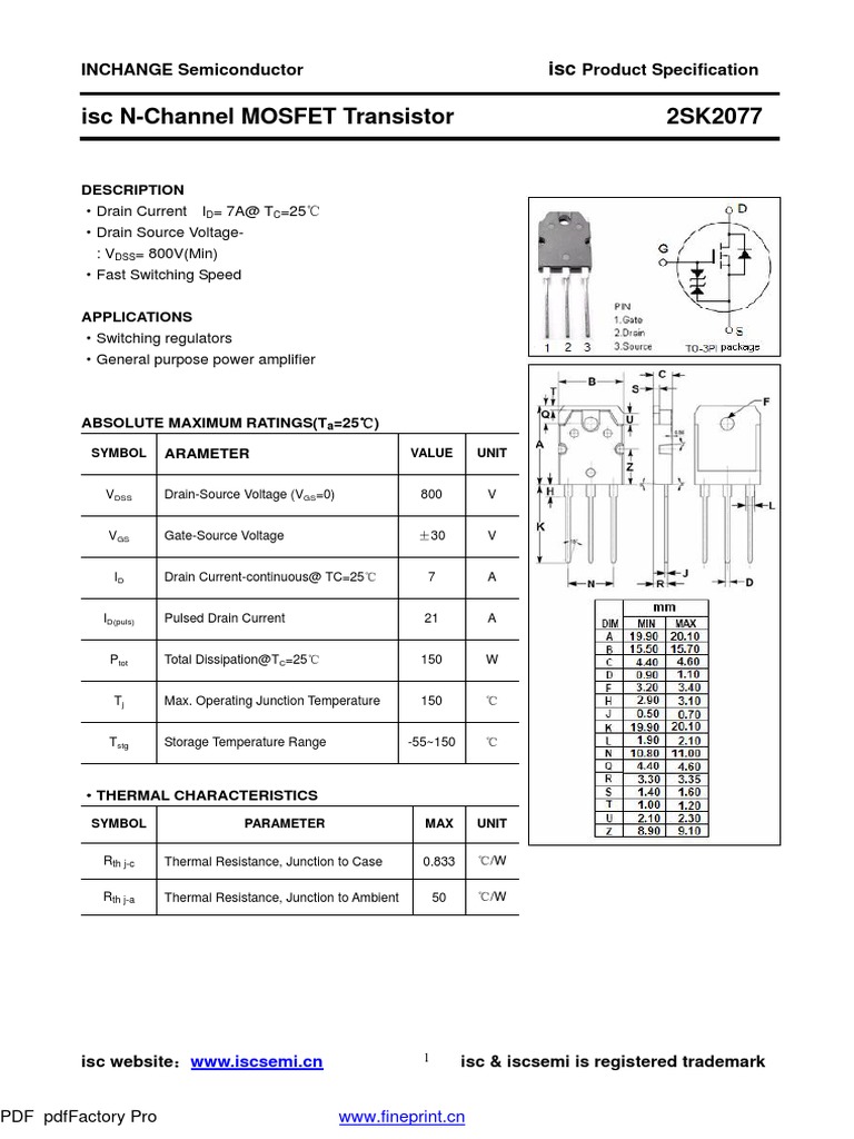 Isc N-Channel MOSFET Transistor 2SK2077: INCHANGE Semiconductor Product Specification | PDF