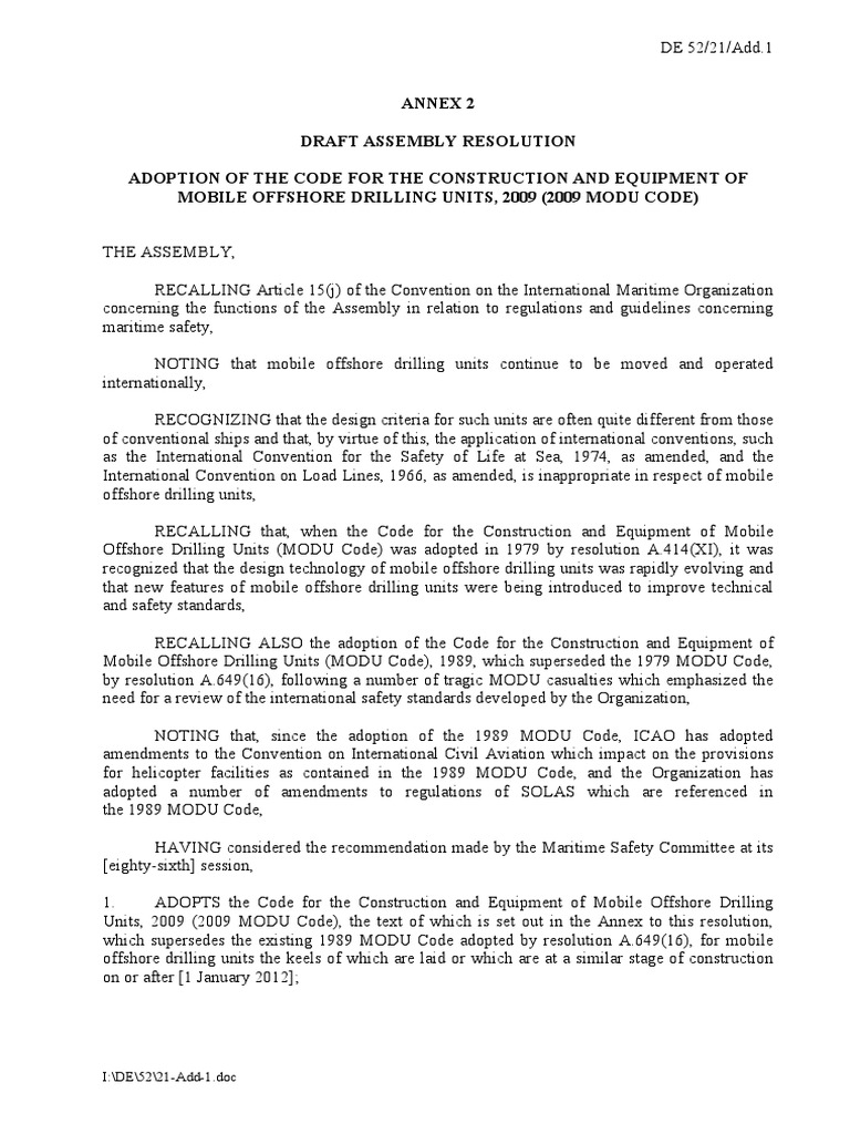 IMO - MODU Code - 2009 PDF | PDF | Safety | Boiler