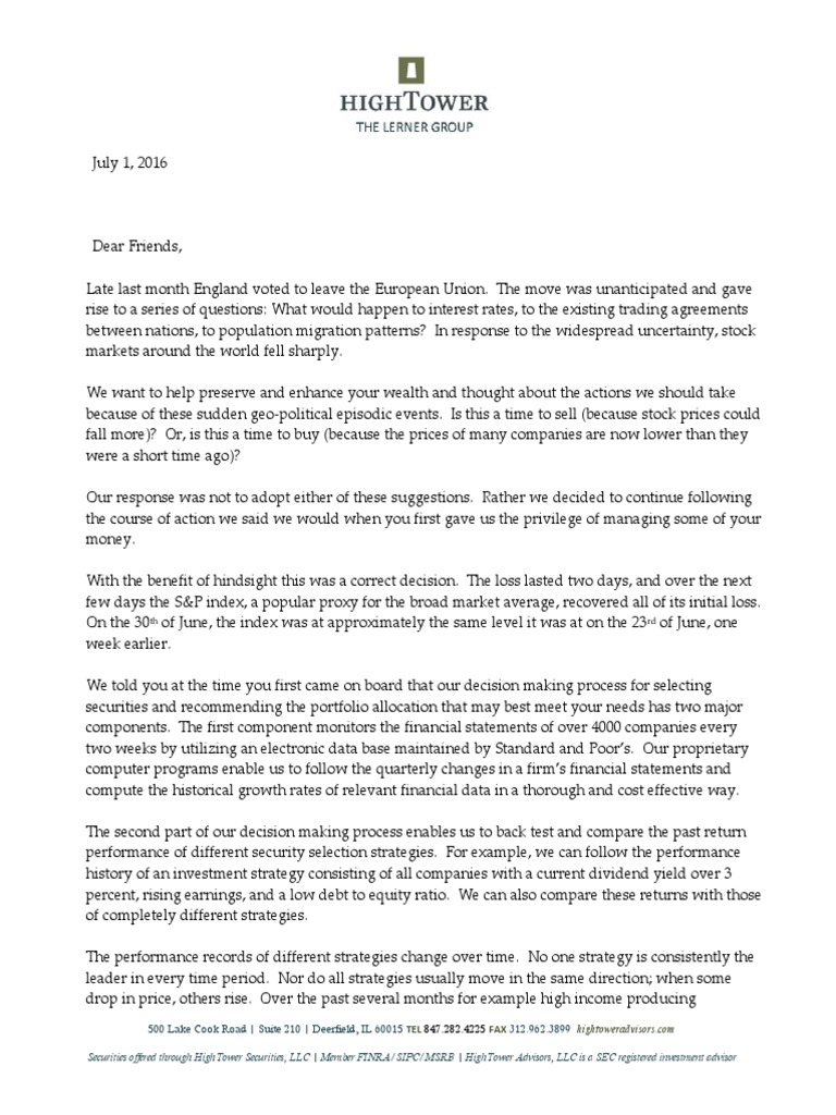 July Monthly Letter | PDF | Securities (Finance) | Investing