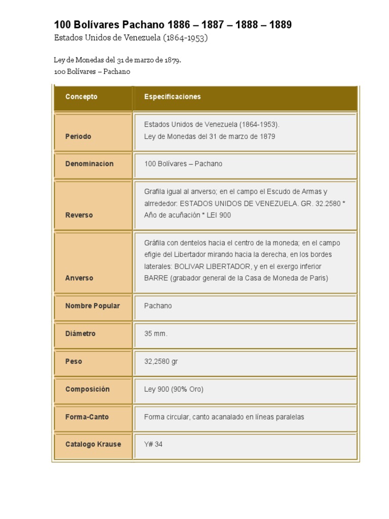 100 Bolívares Oro Pachano: Historia y Especificaciones | PDF | Monedas ...