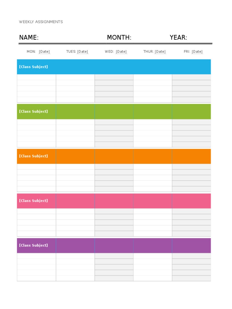 Name: Month: Year:: Weekly Assignments | PDF