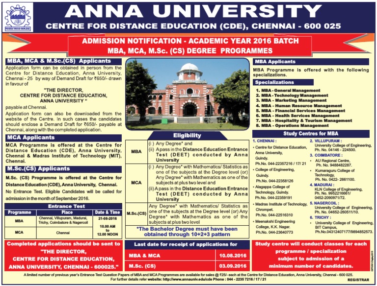 Advertisement - Anna University Distance Education MBA 2016 | PDF