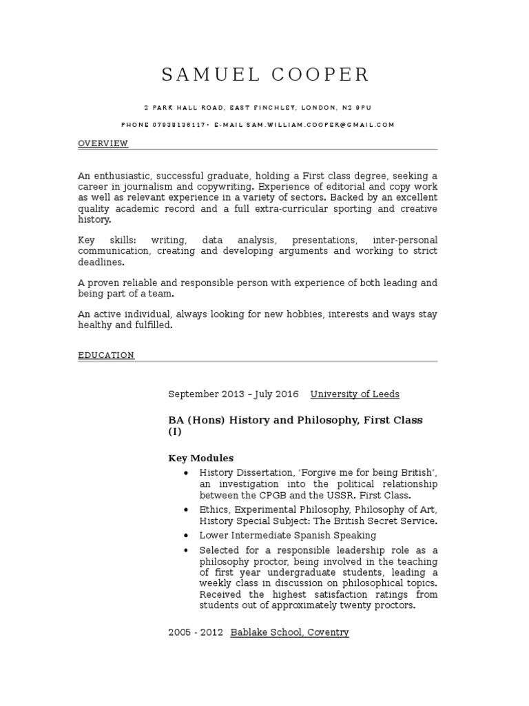 Samuel Cooper: BA (Hons) History and Philosophy, First Class (I ...