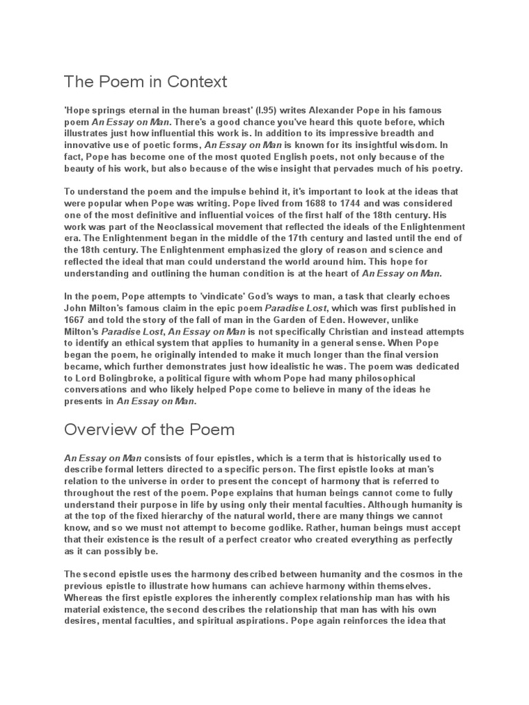 The Poem in Context: An Essay On Man Consists of Four Epistles, Which ...