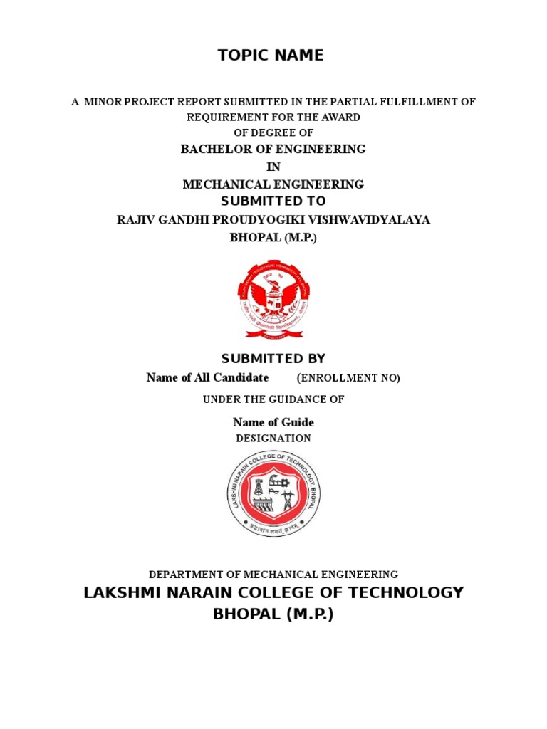 B.E L.N.C.T Bhopal Major Project Report Cover Page | PDF | Academic ...