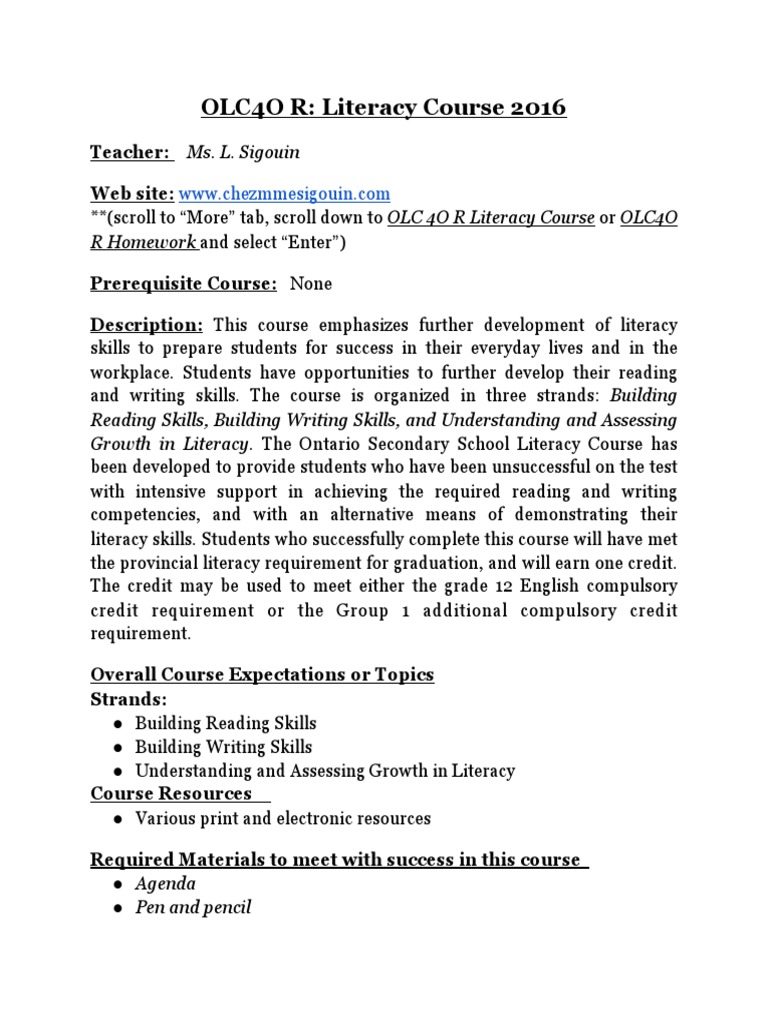 Olc 4 Oliteracycourseoutline 2016 | PDF | Educational Assessment | Homework