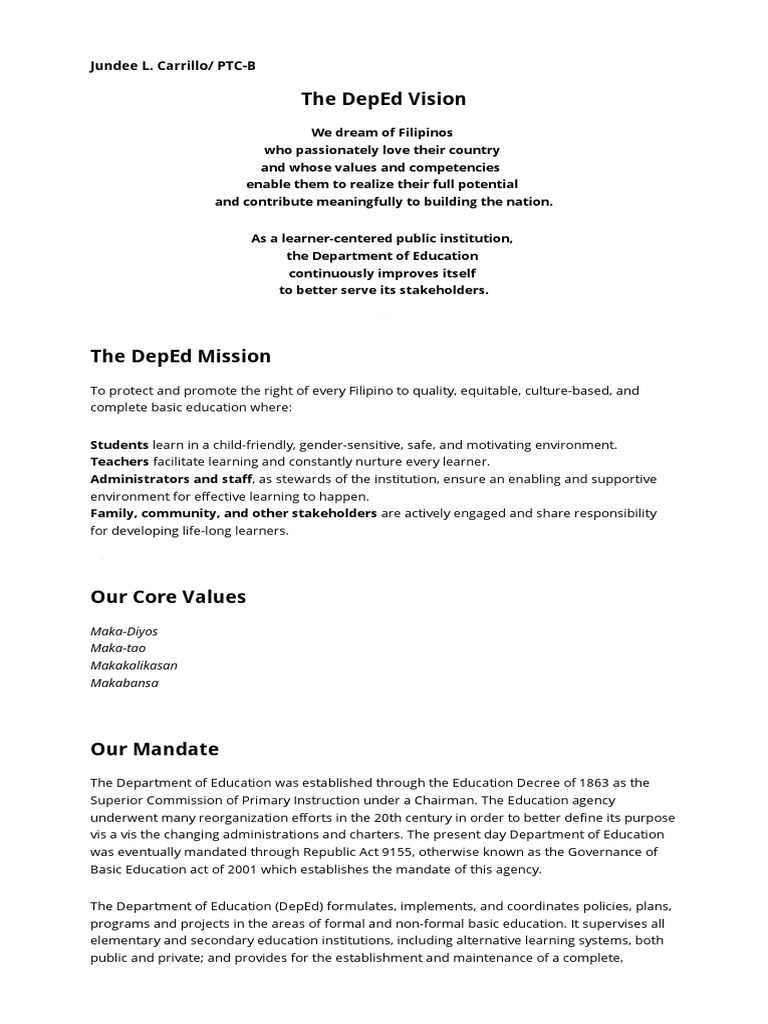 DepEd Mission, Vision, Goals | PDF
