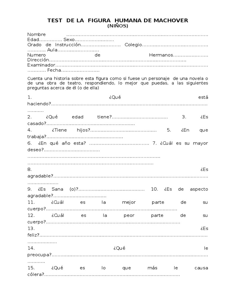 Cuestionarios (Niños y Adultos) Del DFH. Machover (Y Resumen ...