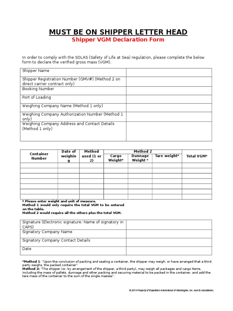 Shipper VGM Declaration Form - Expeditors