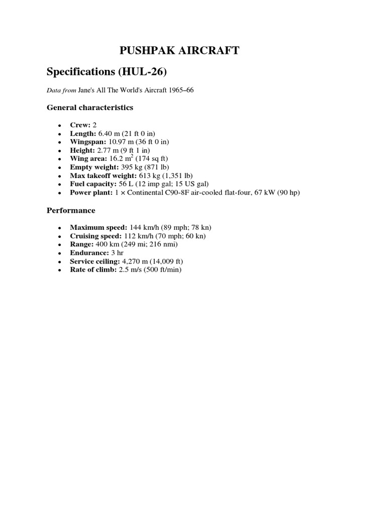 Pushpak Aircraft Specifications (HUL-26) : General Characteristics | PDF