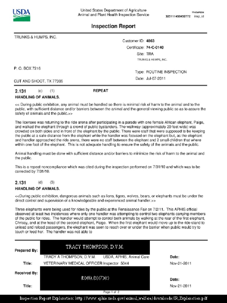 Trunks & Humps USDA Inspection Reports | PDF