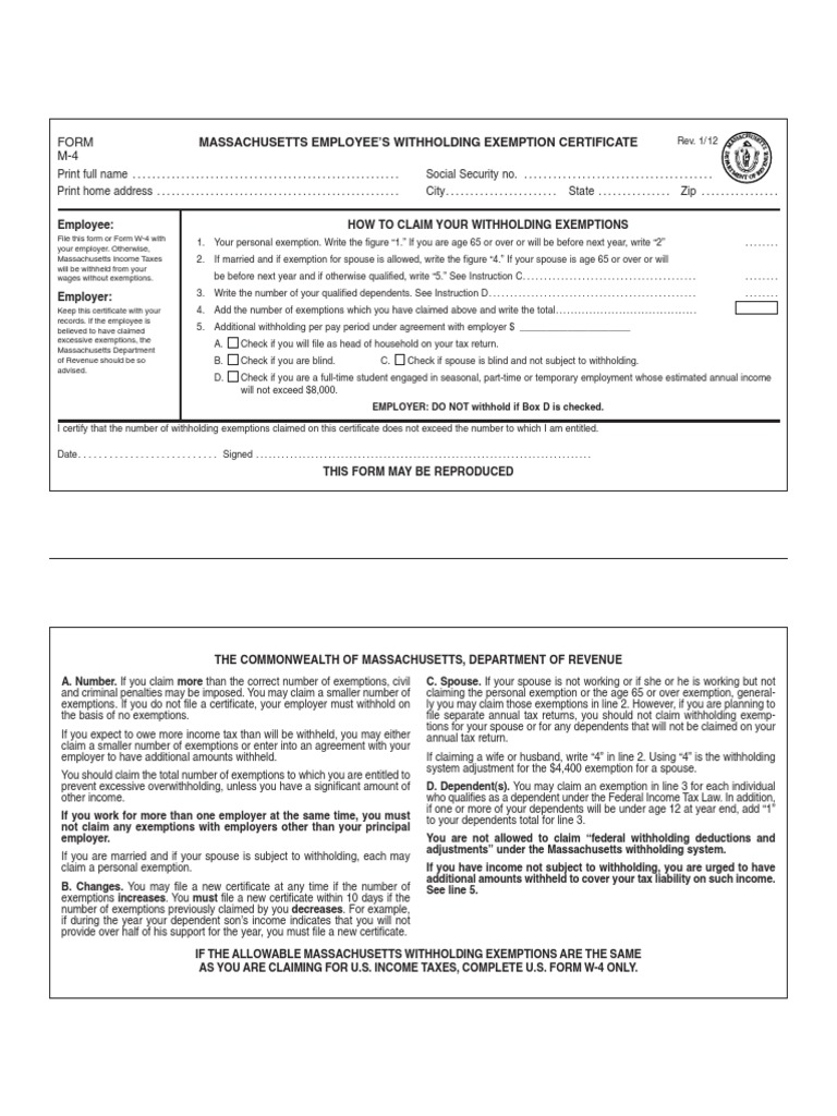 Massachusetts Employee'S Withholding Exemption Certificate: Form M-4 ...