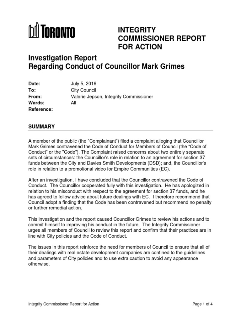Integrity Commissioner Report For Action: Date: To: From: Wards ...