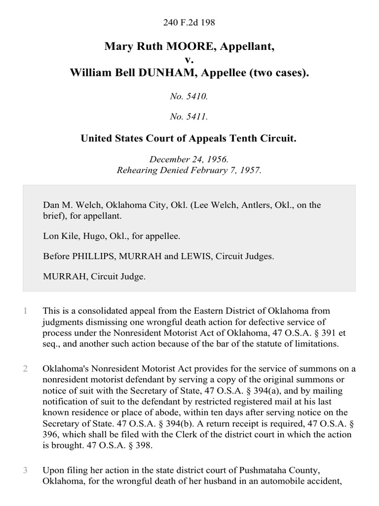 Mary Ruth Moore v. William Bell Dunham, (Two Cases), 240 F.2d 198, 10th ...