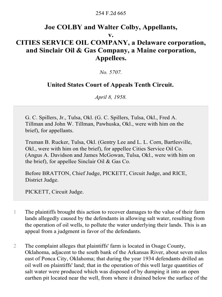 Joe Colby and Walter Colby v. Cities Service Oil Company, A Delaware ...