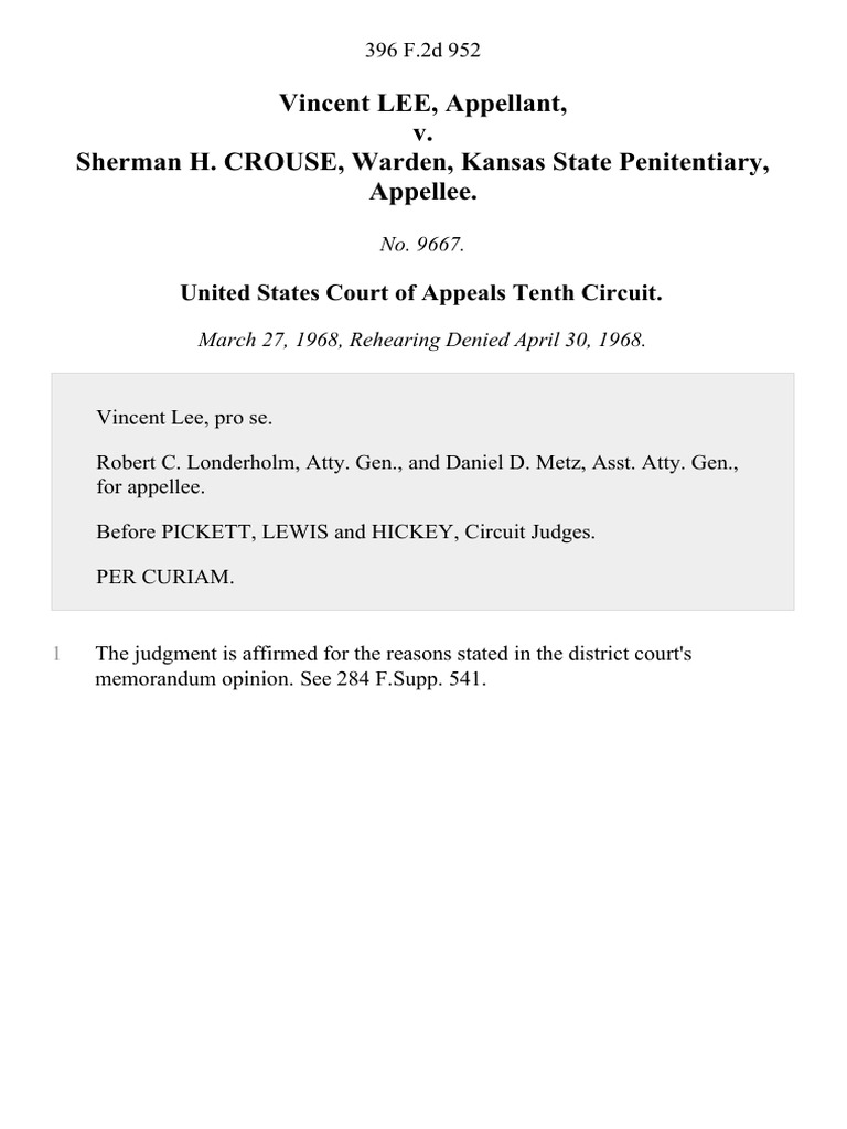 Vincent Lee v. Sherman H. Crouse, Warden, Kansas State Penitentiary ...