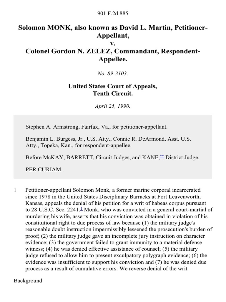 Solomon Monk, Also Known As David L. Martin v. Colonel Gordon N. Zelez ...