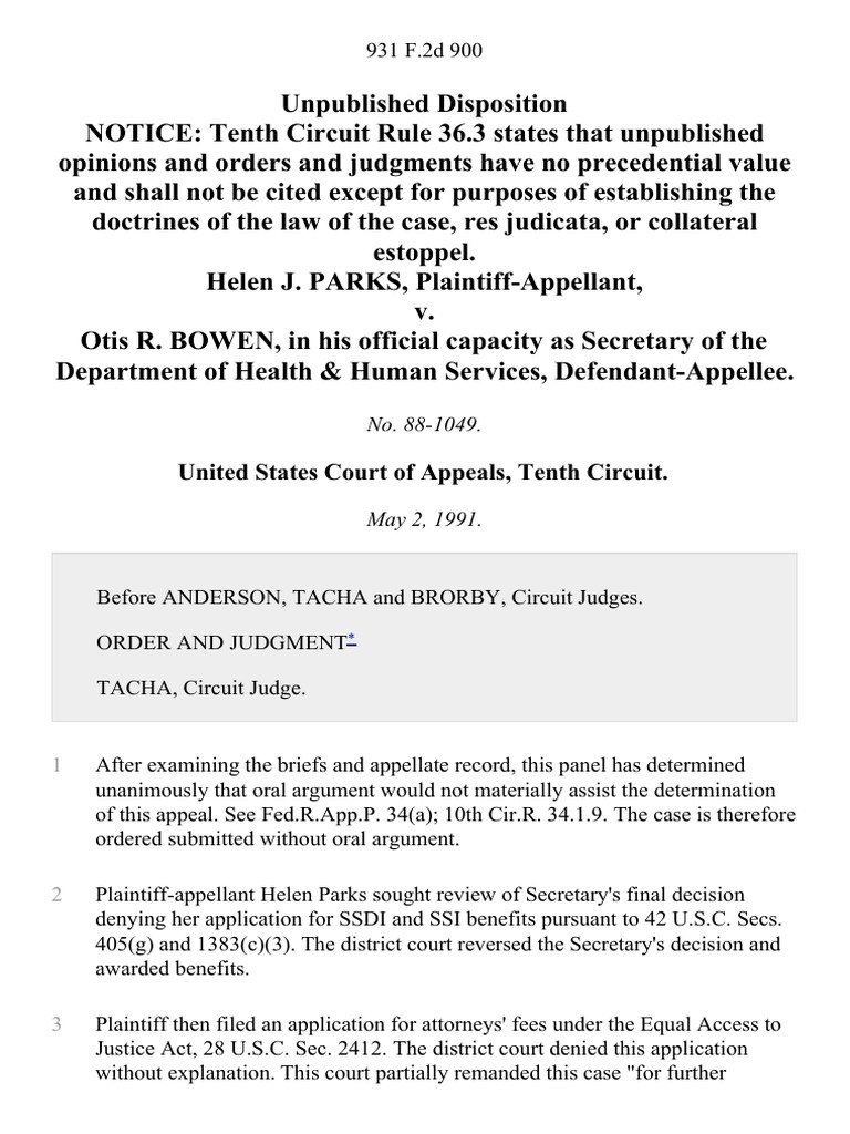 Helen J. Parks v. Otis R. Bowen, in His Official Capacity As Secretary ...