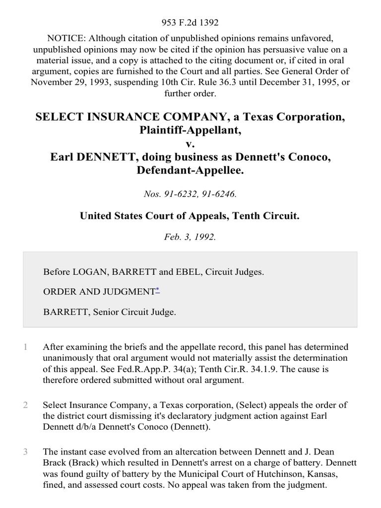 Select Insurance Company, A Texas Corporation v. Earl Dennett, Doing ...