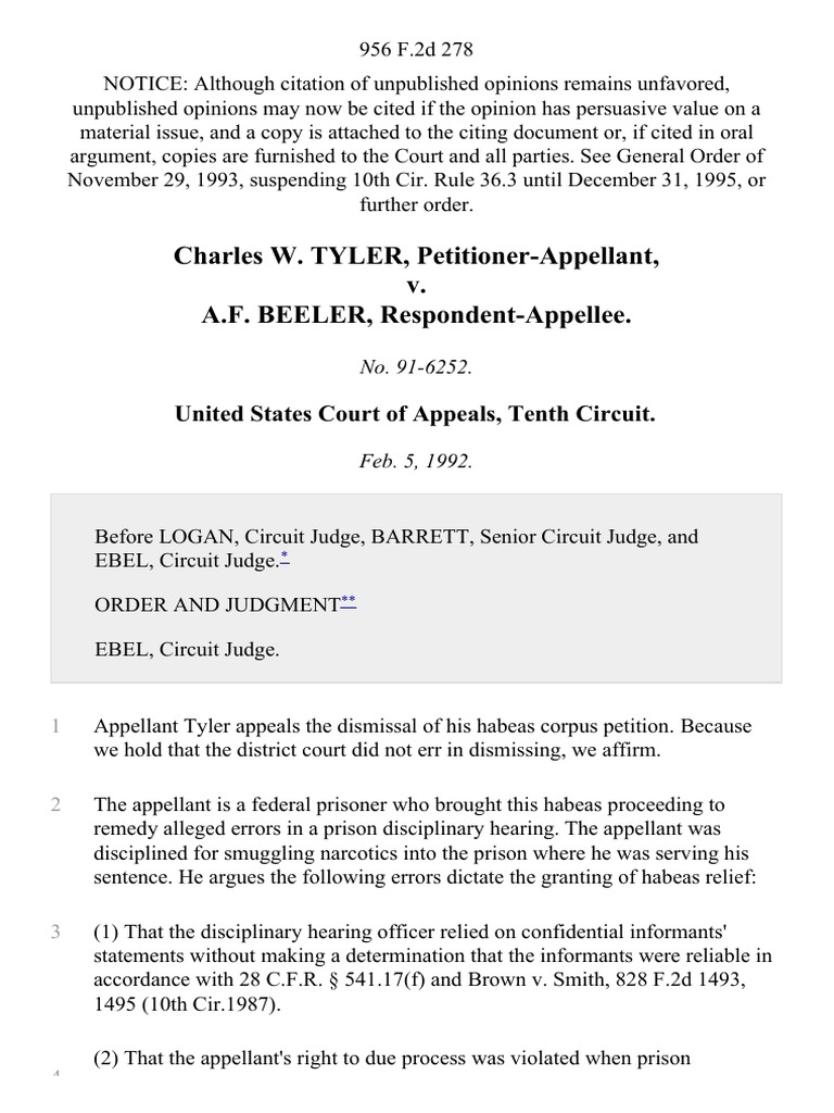 Charles W. Tyler v. A.F. Beeler, 956 F.2d 278, 10th Cir. (1992) | PDF