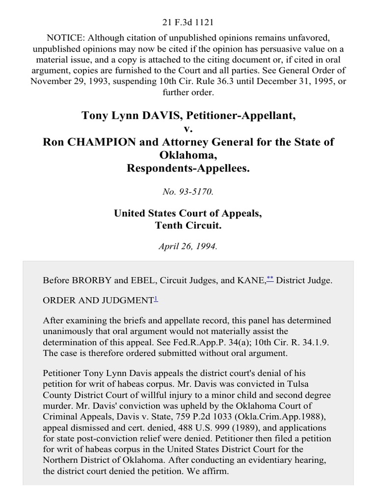 Tony Lynn Davis v. Ron Champion and Attorney General For The State of ...