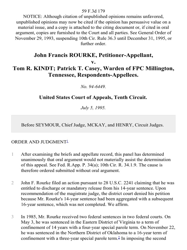 John Francis Rourke v. Tom R. Kindt Patrick T. Casey, Warden of FPC ...
