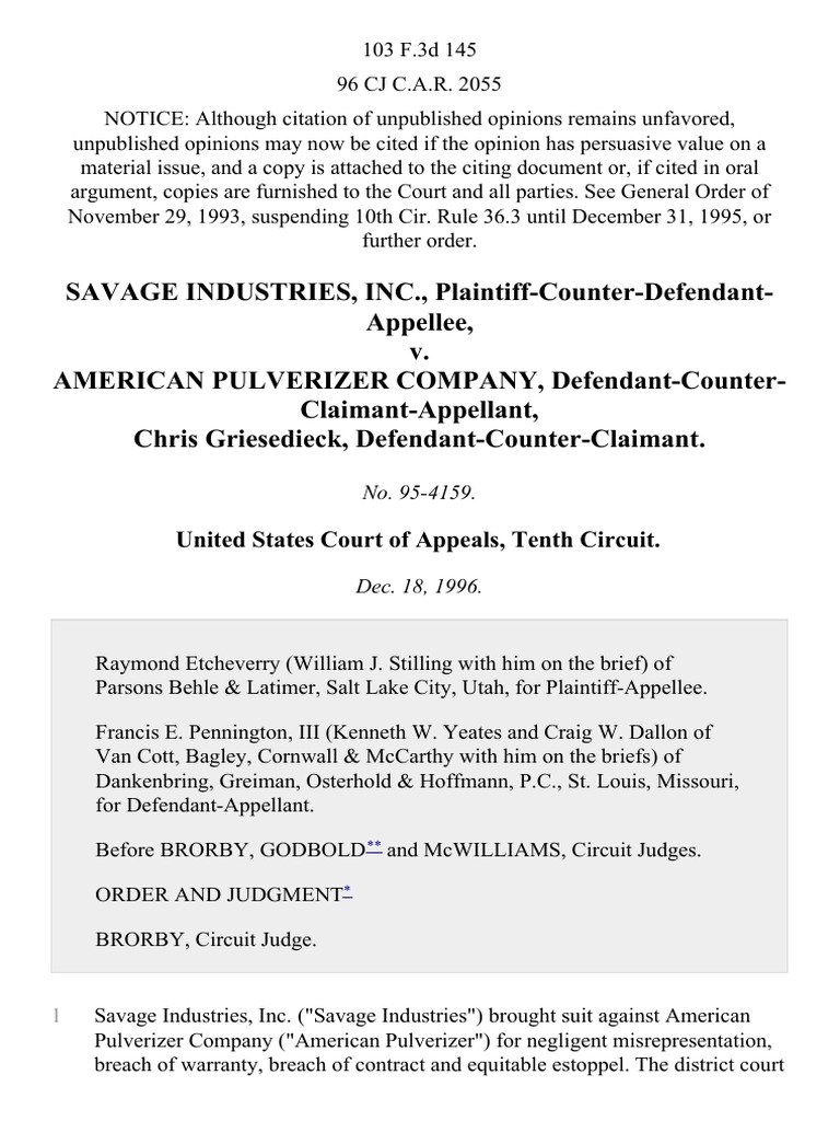 Savage Industries, Inc., Plaintiff-Counter-Defendant-Appellee v ...