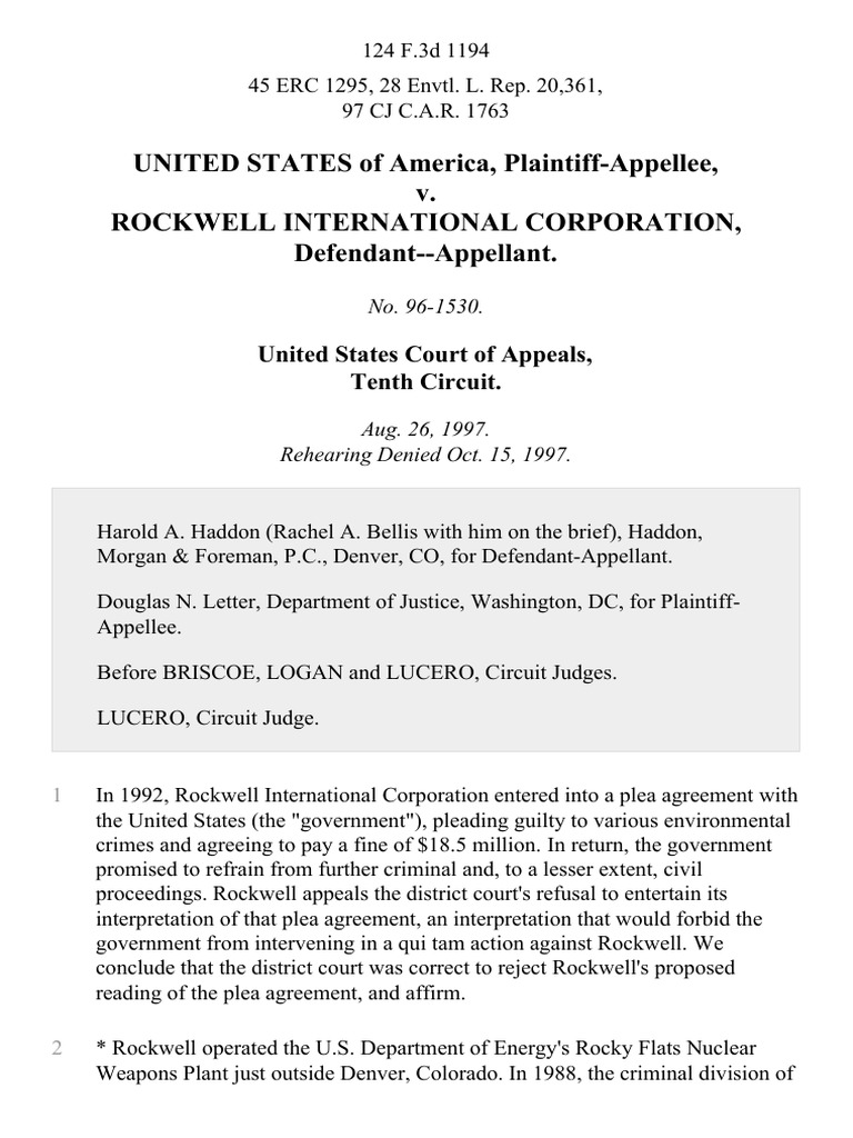 United States v. Rockwell International Corporation, 124 F.3d 1194 ...