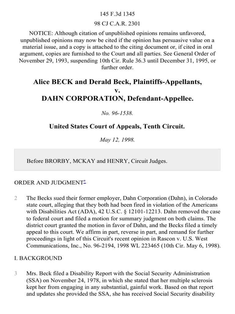Alice Beck and Derald Beck v. Dahn Corporation, 145 F.3d 1345, 10th Cir ...