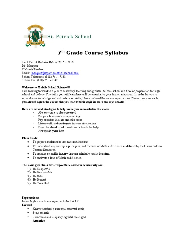 7th Grade Syllabus | PDF | Homework | Middle Schools