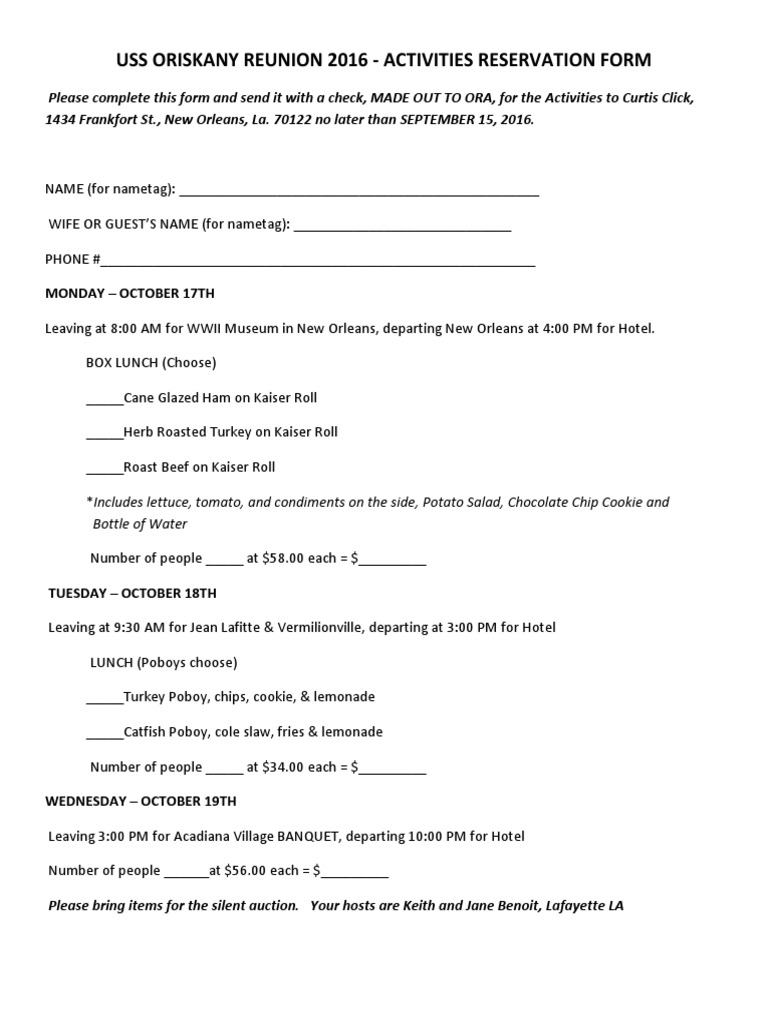 USS Oriskany Reunion 2016 Activities Form | PDF