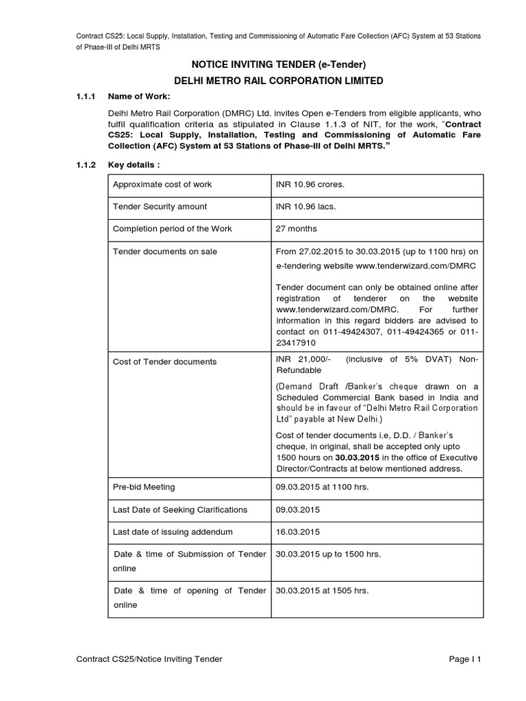 NOTICE INVITING TENDER (e-Tender) BY DELHI METRO RAIL CORPORATION ...