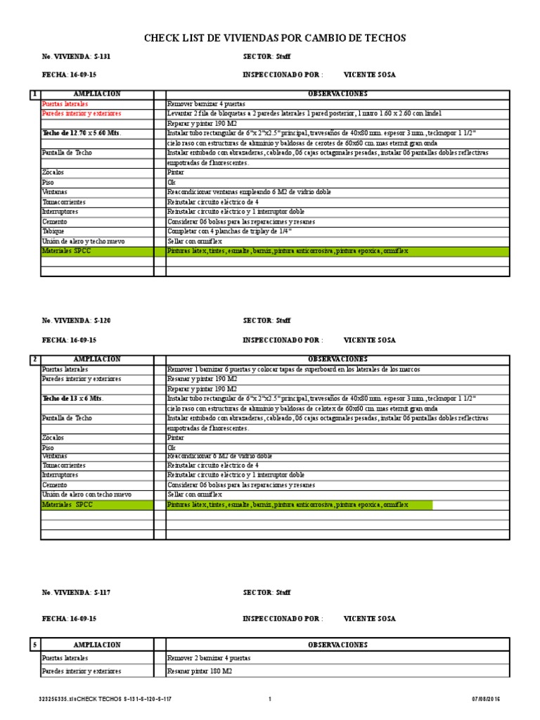 Check List Reparacion de Techos S-131, S-120, S-117 | Materiales de ...