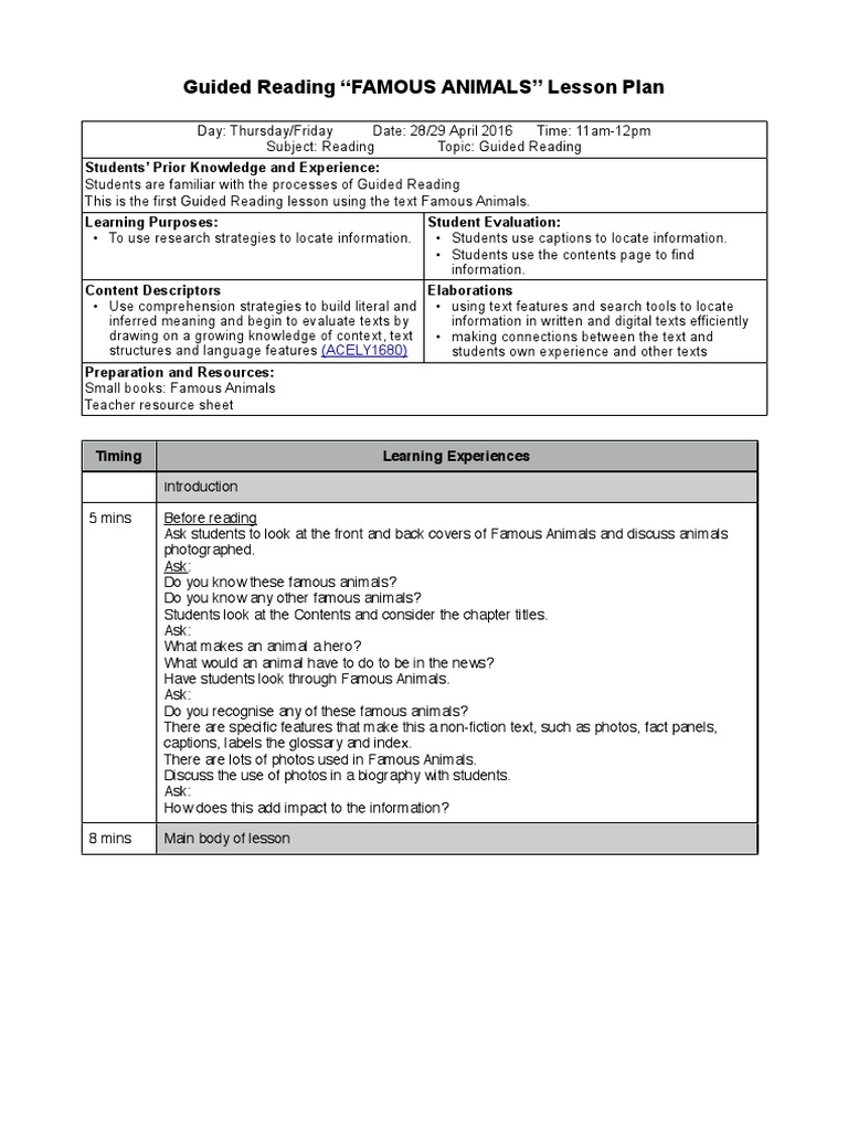 Famous Animals Guided Reading Plan | PDF