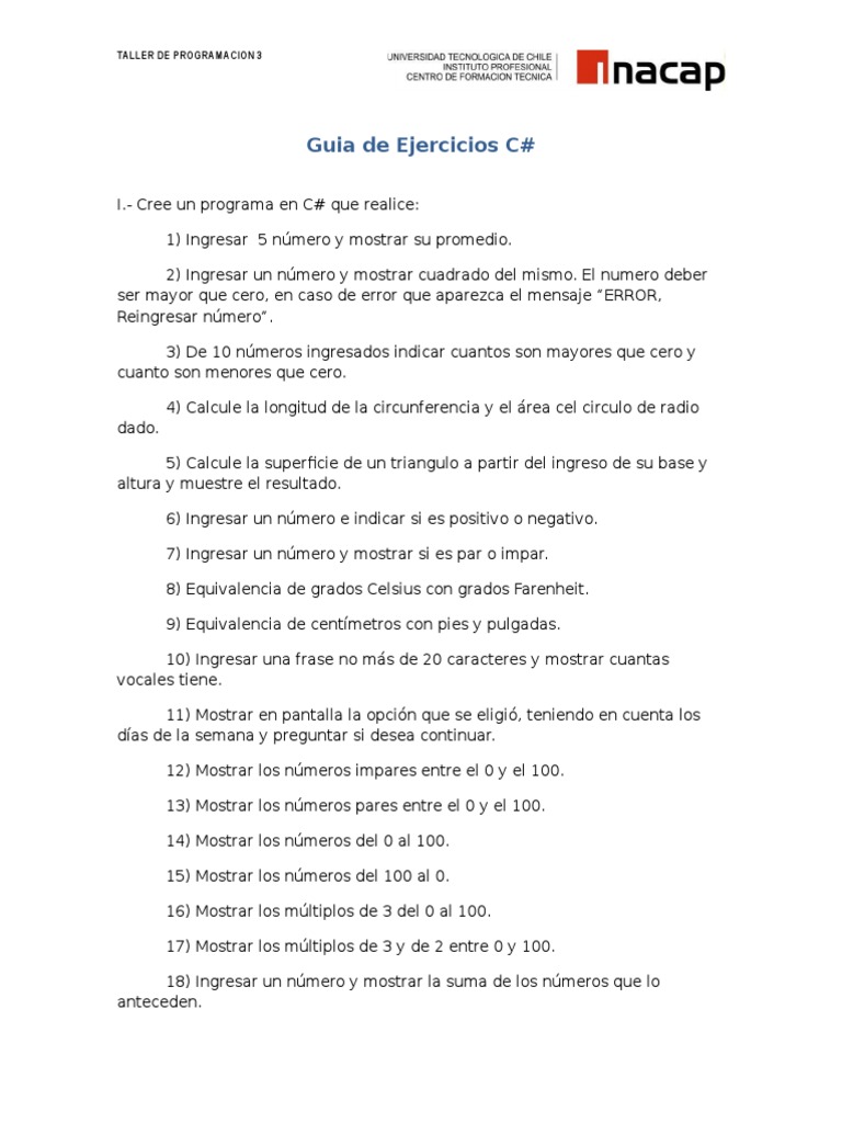 Guia de Ejercicios C Sharp | PDF | Multiplicación | C Sharp (lenguaje ...