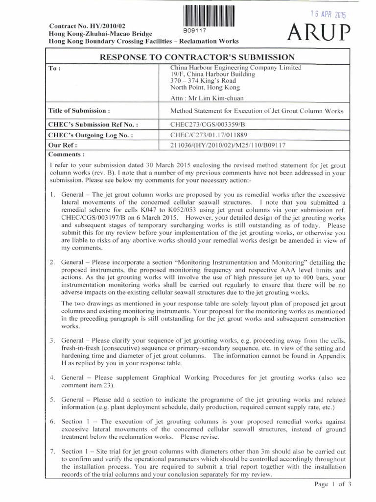 Method Statement For Execution of Jet Grout Columns Works - 2nd Comment | PDF | Instrumentation ...