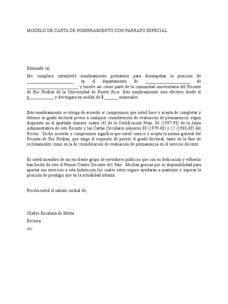 Modelo Carta Nombramiento | PDF