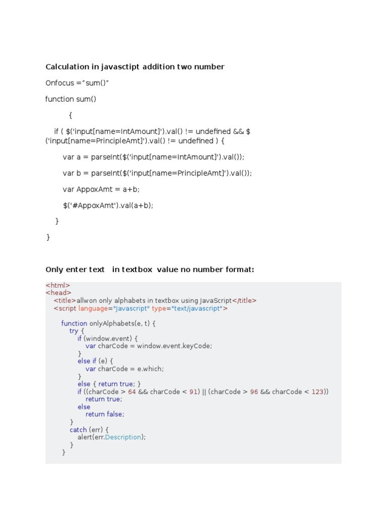 Calculation in Javasctipt Addition Two Number | PDF
