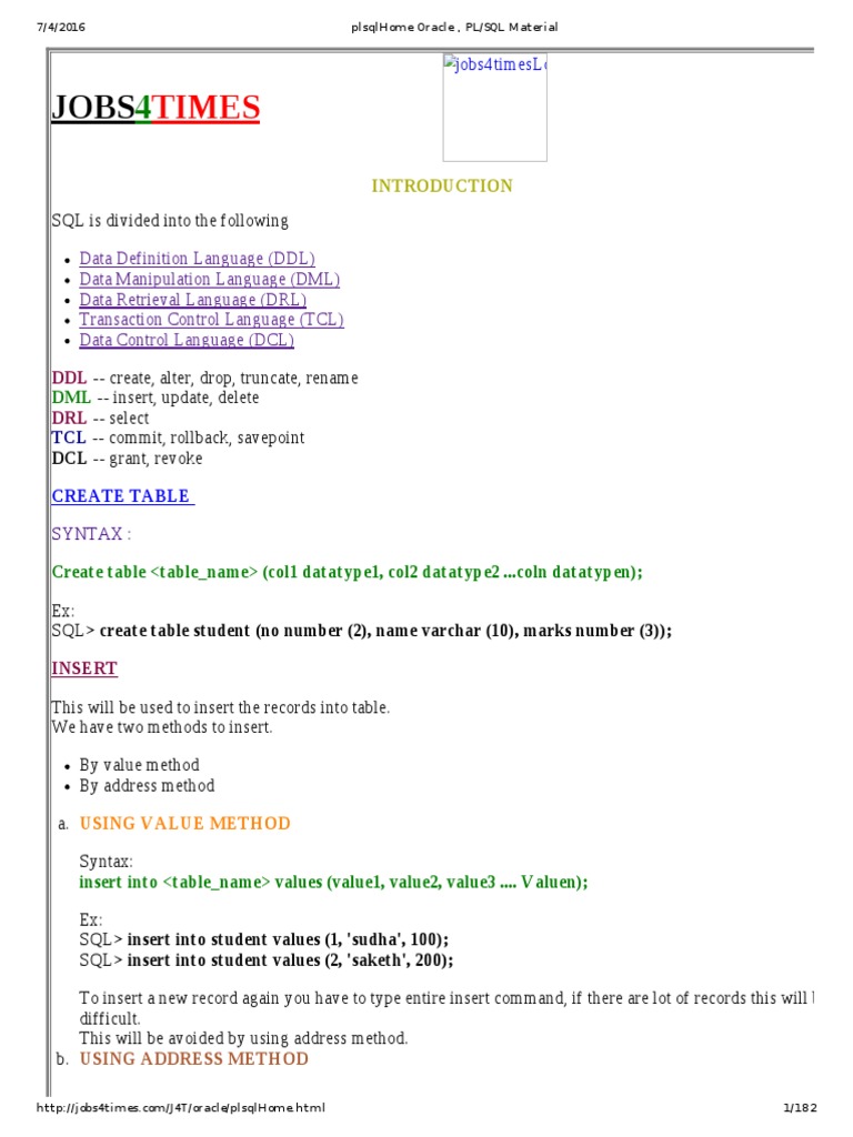 PlsqlHome Oracle, PL - SQL Material | PDF | Logarithm | Sql