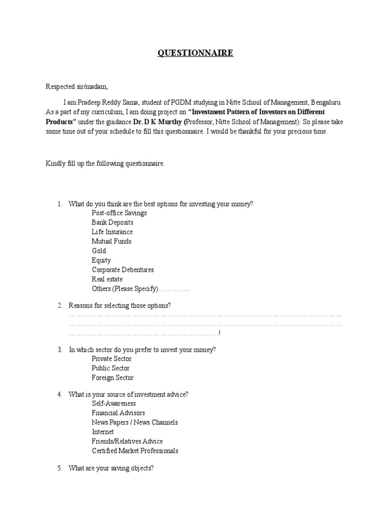 Questionnaire on the Investment Patterns and Objectives of Individual ...