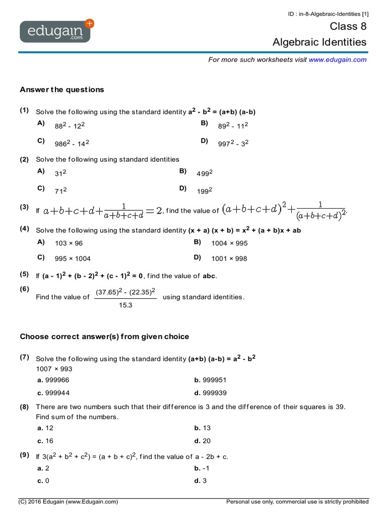 Grade 8 Algebraic Identities In | Abstract Algebra | Algebra Grade 8 Algebraic Identities In | Abstract Algebra | Algebra