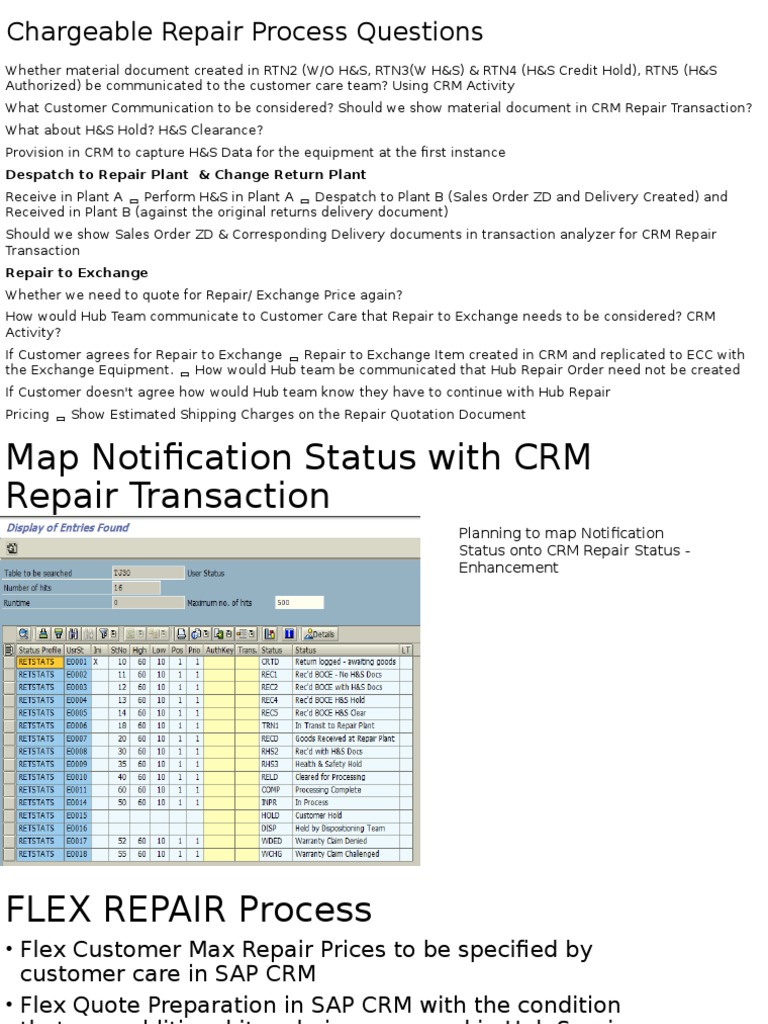Chargeable Repair Process Questions: Despatch To Repair Plant & Change ...