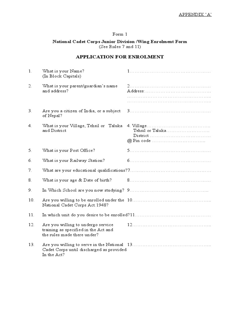 Junior Division Enrolment Form | PDF | Cadet | Non Commissioned Officer