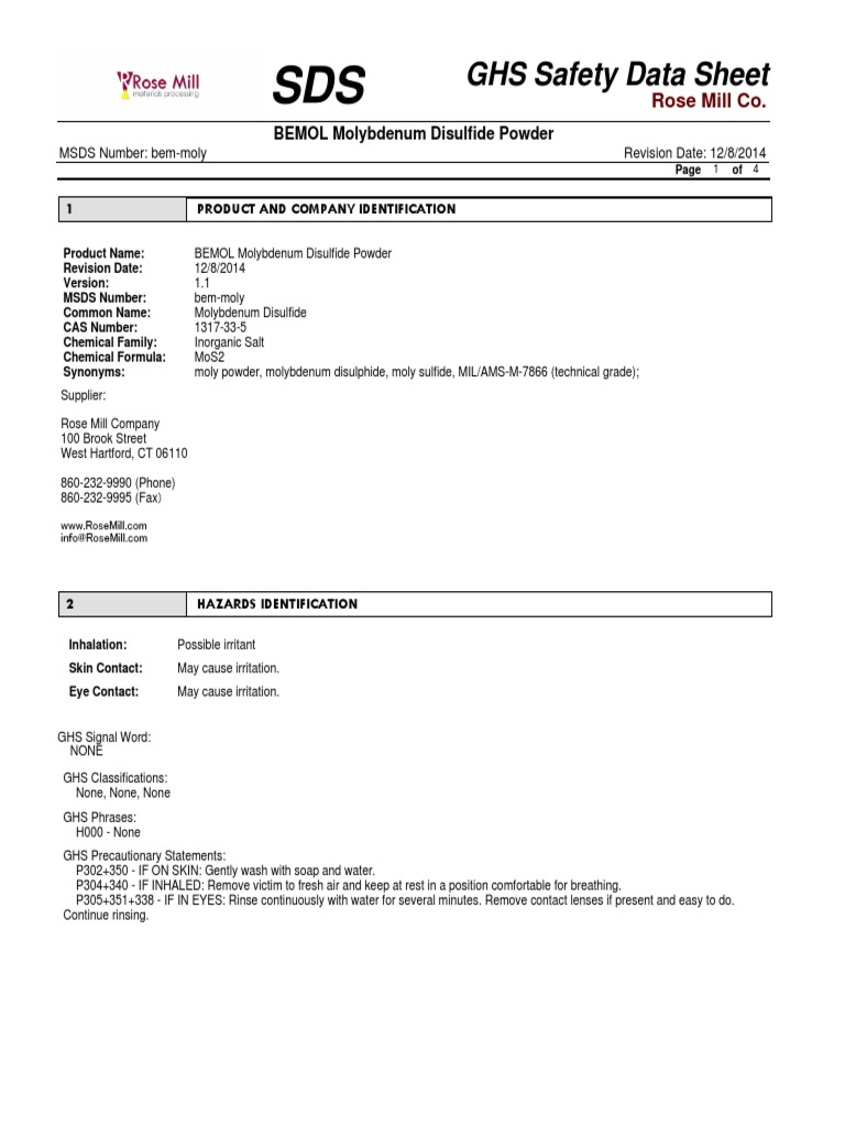 Bemol Mos2 Msds | PDF | Toxicity | Solubility